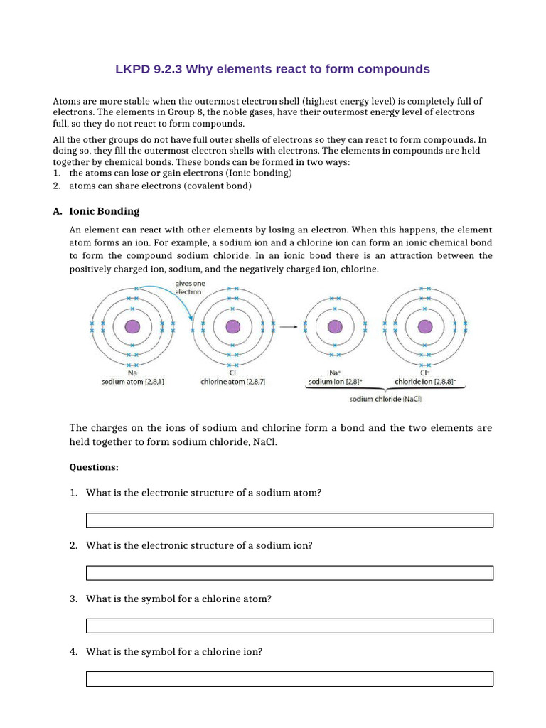 LKPD 9.2.3 Why Elements React to Form Compounds | PDF | Ion | Chemical Bond