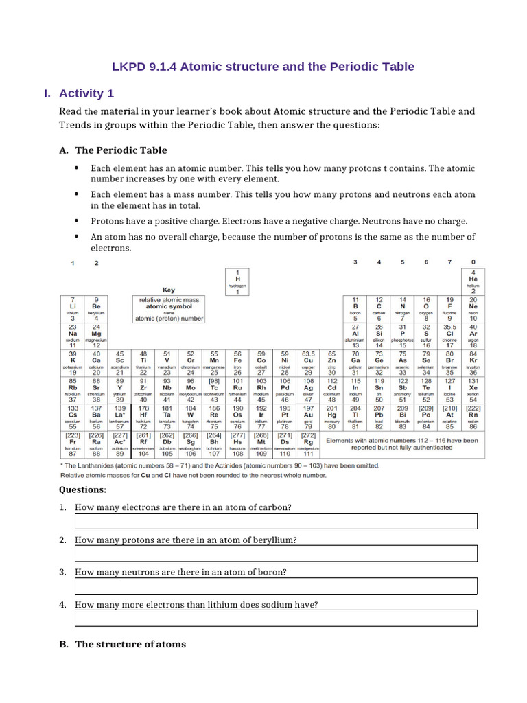 LKPD 9.2.1-2 Atomic Structure and Periodic Table | PDF | Atoms | Periodic Table