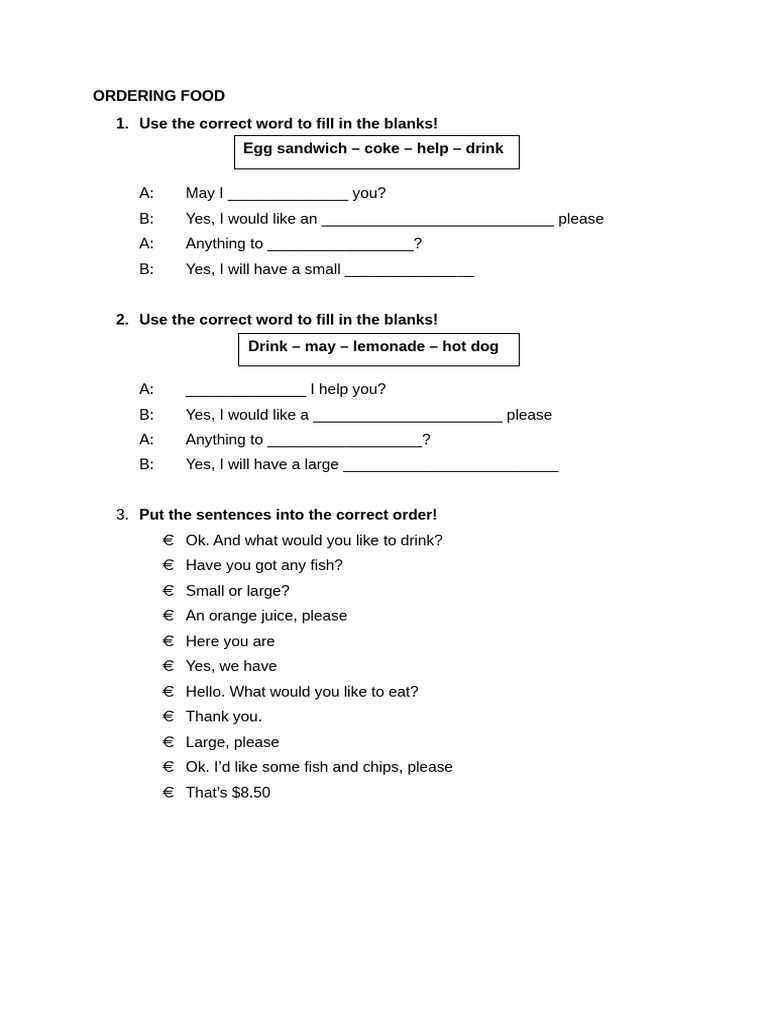 Food Ordering Practice Worksheet | PDF