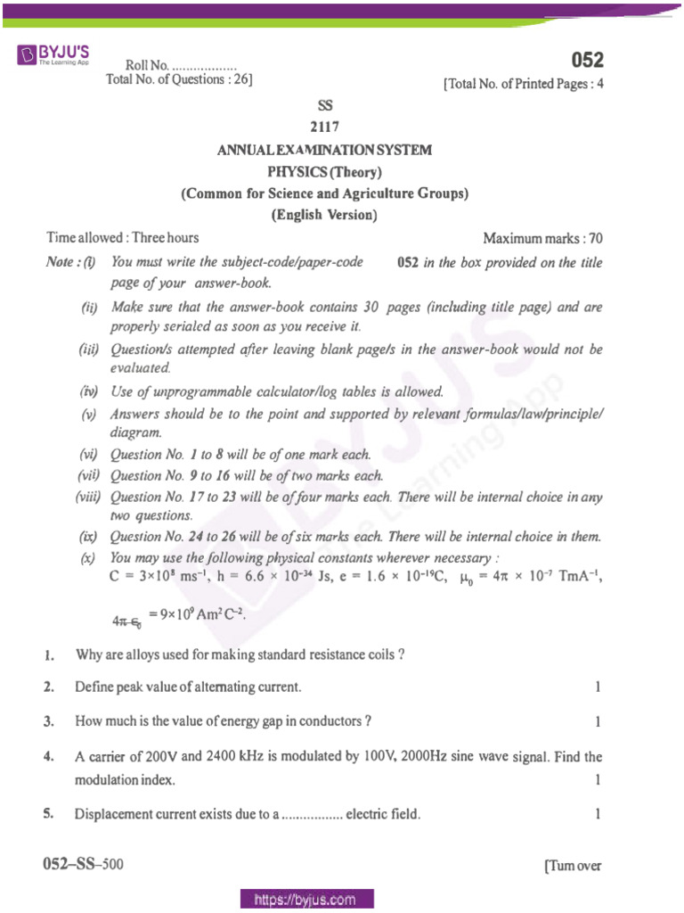 PSEB-Class-12-Physics-Sample-Paper-Set-2 (1) | PDF | Electromagnetism | Physical Phenomena