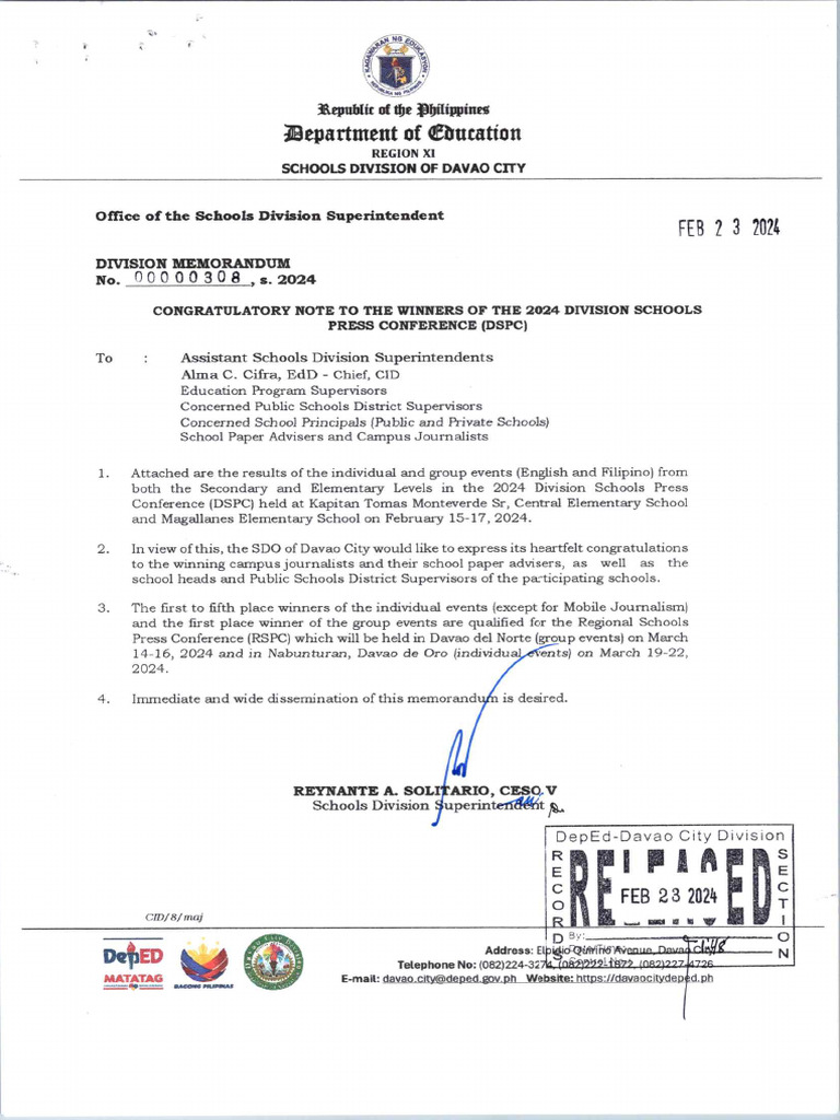 2024 DM No. 308 CONGRATULATORY NOTE TO THE WINNERS OF THE 2024 DIVISION ...
