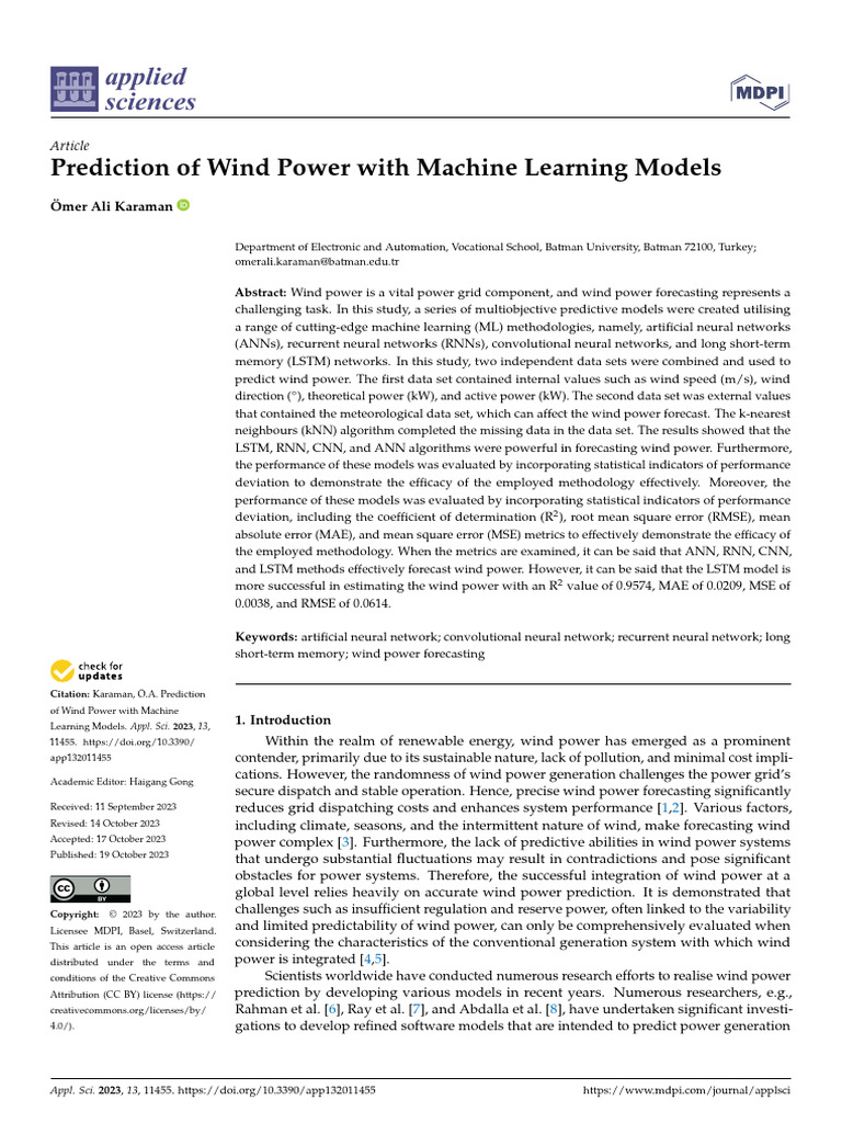 applsci-13-11455-v2 | PDF | Forecasting | Wind Power
