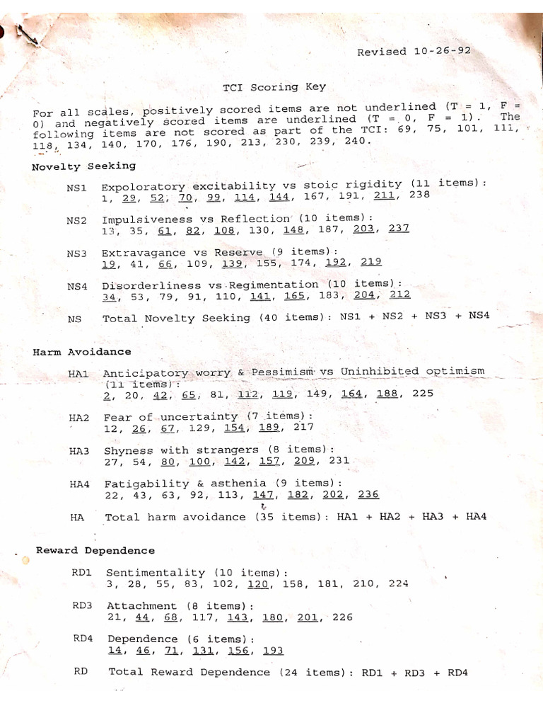 TCI Scoring Key - 250219 - 102219 | PDF