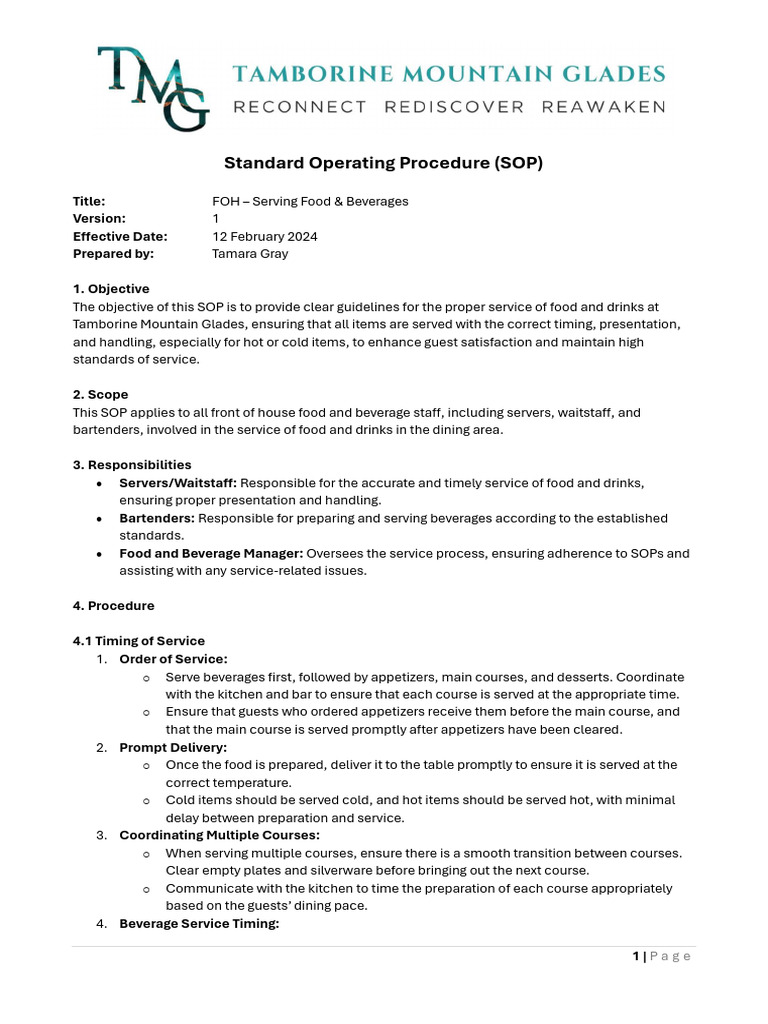 SOP FOH Serving Food & Beverages | PDF | Tableware | Foods