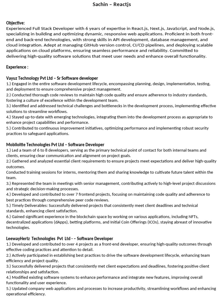 Sachin - Reactjs Developer | PDF | Software Development | Computing