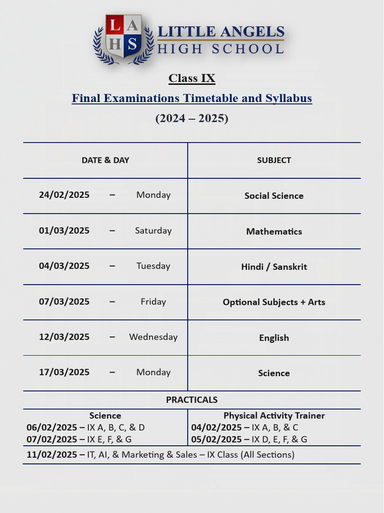 Final Examinations Timetable and Syllabus: Class IX | PDF