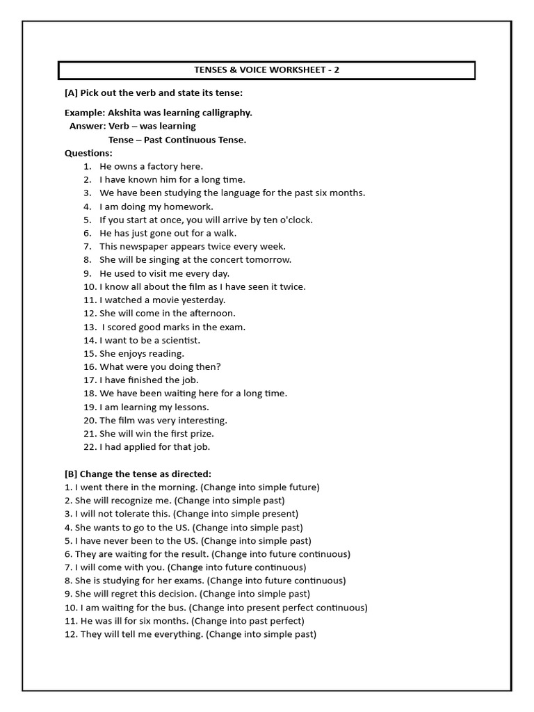 Tenses & Voice Worksheet - 2 | PDF | Grammatical Tense | Linguistics