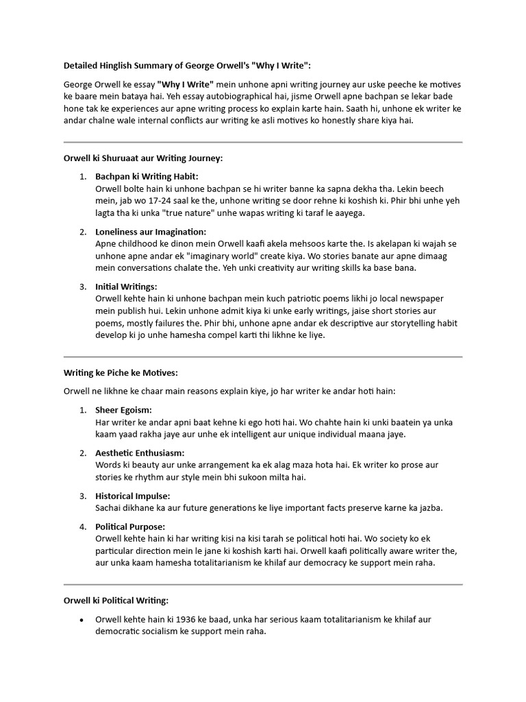 Hinglish Summary of Orwell's "Why I Write" | PDF
