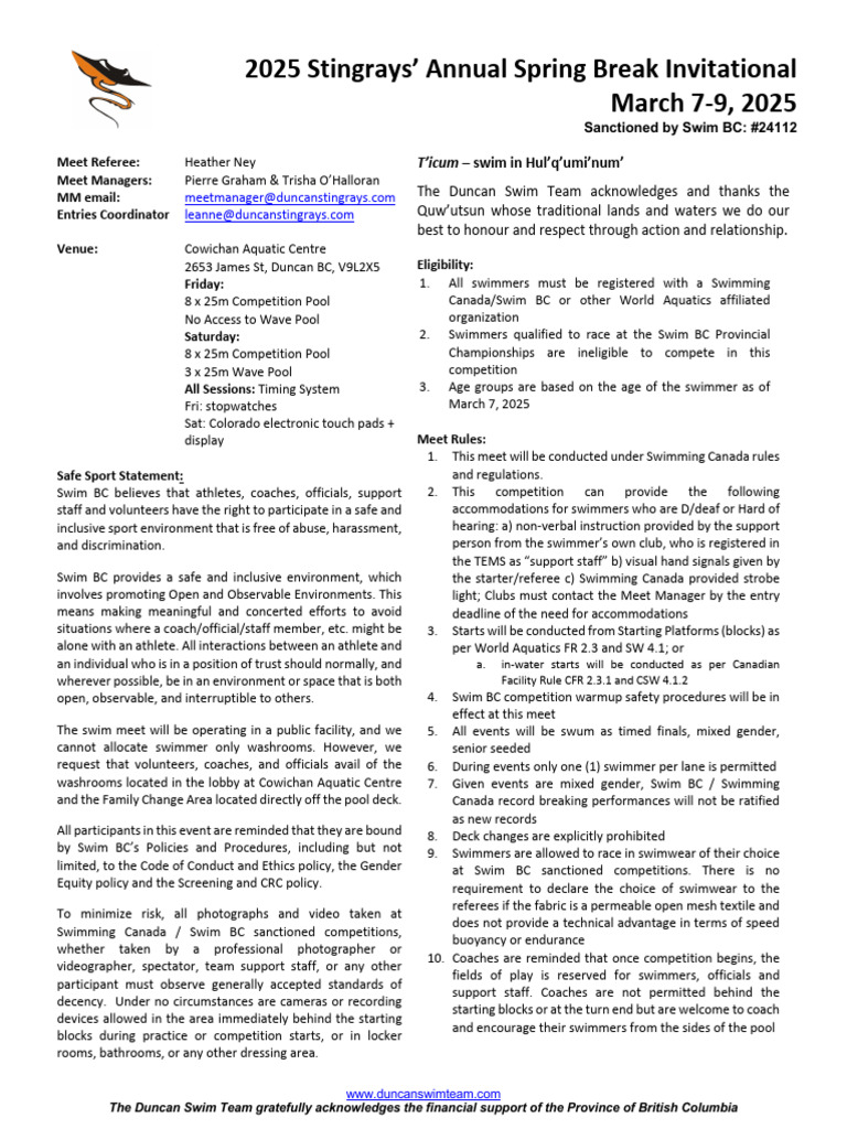 BC - 2025 Stingrays' Annual Spring Break Invitationalv2 | PDF | Swimming (Sport) | Athletic Sports