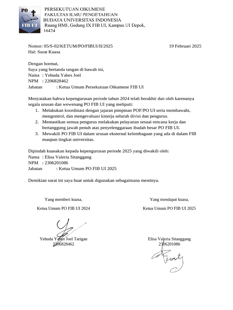 Surat Kuasa Kepengurusan PO FIB UI | PDF