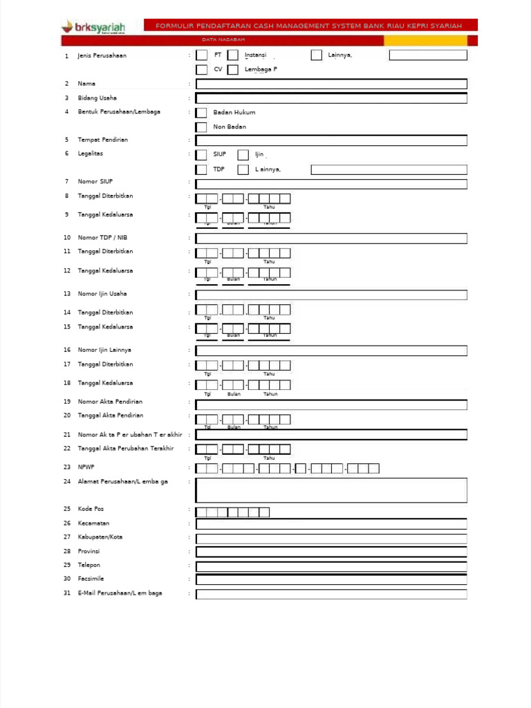 Formulir Pendaftaran Cash Management System Bank Riau Kepri Syariah | PDF