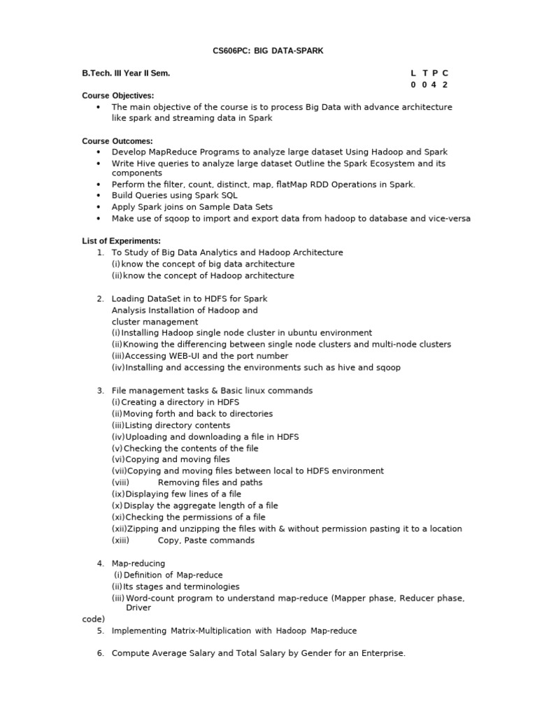 Big Data Spark Cs606pc Syllabus | PDF | Apache Hadoop | Apache Spark