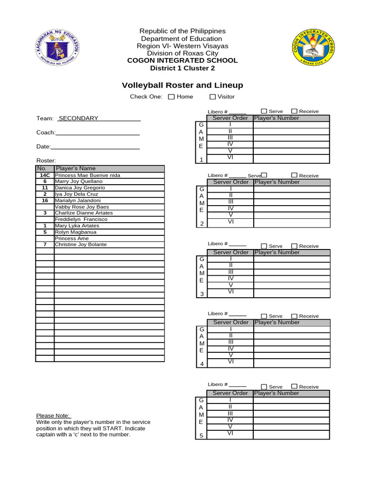 Volleyball Roster and Lineup Sheet | PDF | Games Of Physical Skill | Sports Equipment