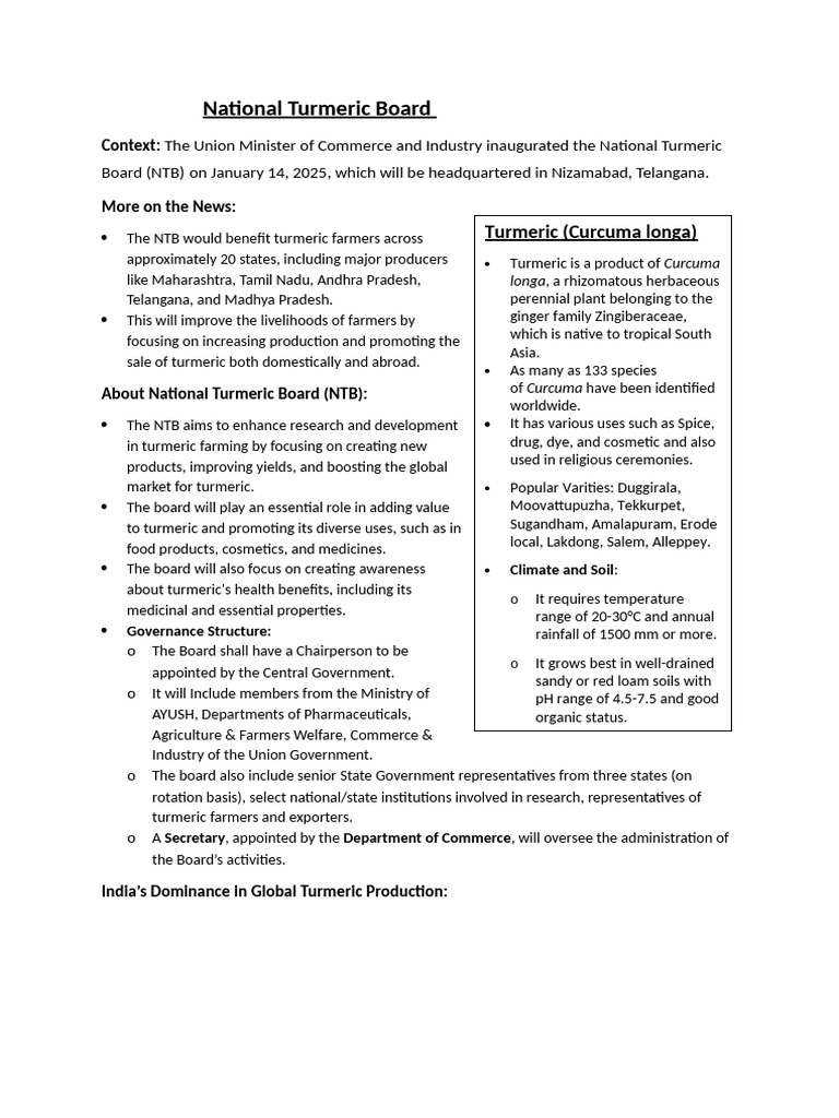 National Turmeric Board Established in Telangana | PDF | Turmeric ...