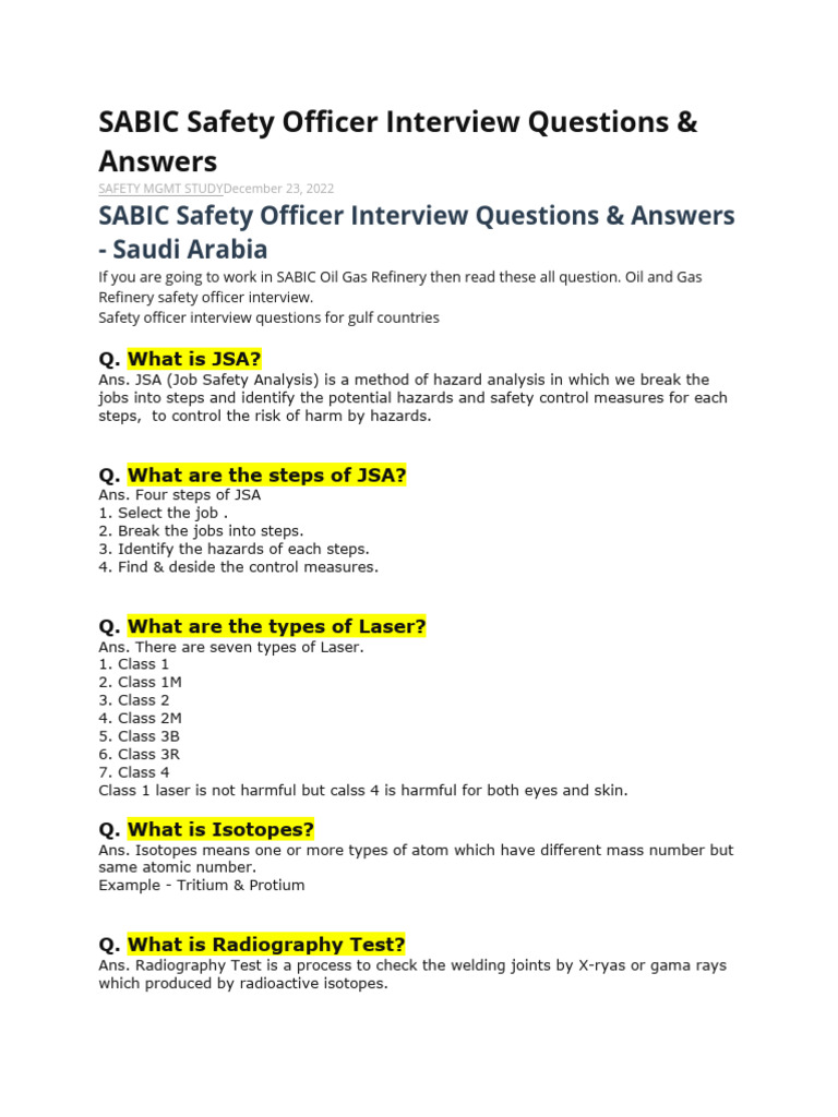SABIC Safety Officer Interview Questions | PDF | Carbon Dioxide | Chemistry