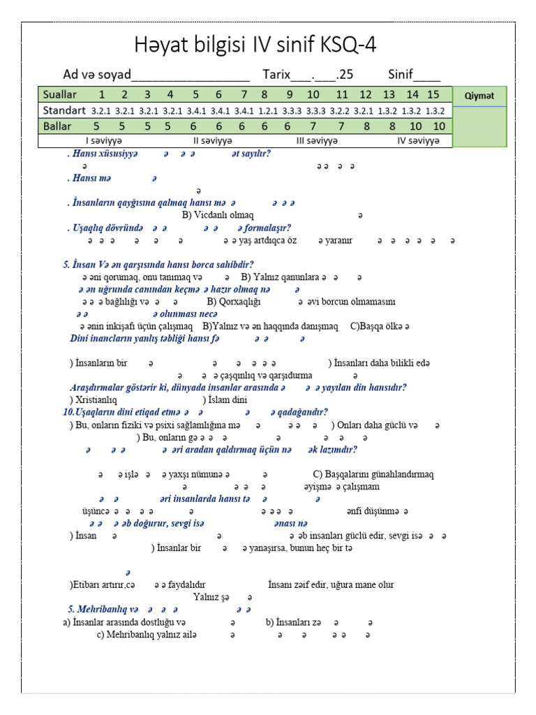 Həyat Bilgis 4-Cü Sinif KSQ-4 M.Turanə Ödənşli 051 956 38 58 | PDF