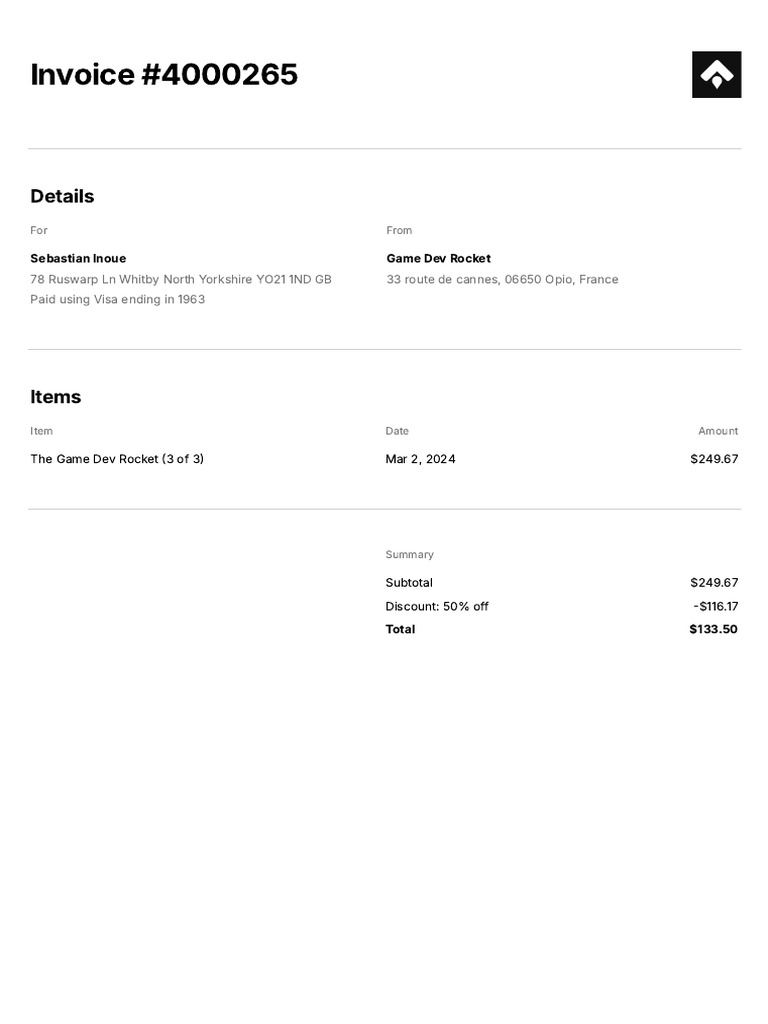 Invoice #4000265 for Game Dev Rocket | PDF