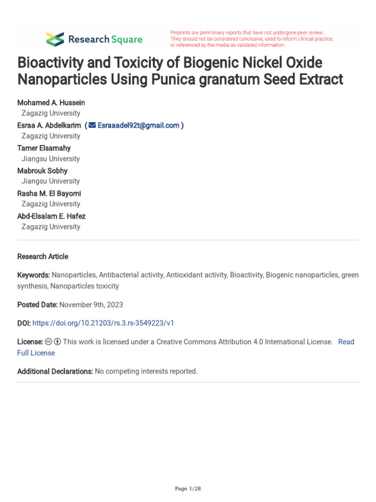 Bioactivity and Toxicity of Biogenic Nickel Oxide Nanoparticles Using Punica Granatum Seed ...