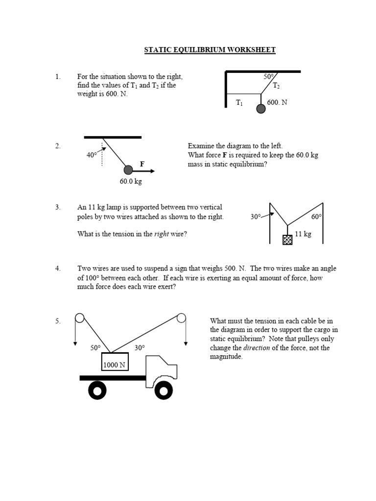 Static Equilibrium Problems Worksheet | PDF | Force | Tension (Physics)