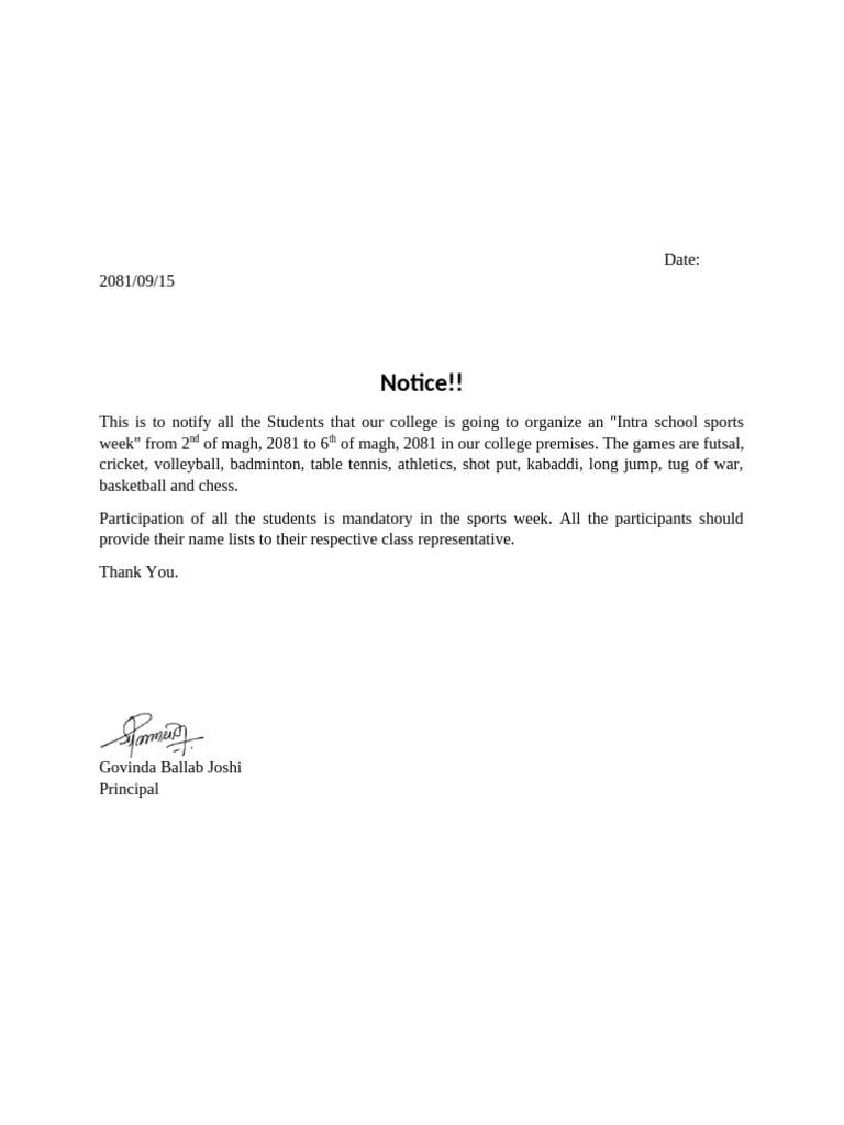 Notice For Sport Week | PDF