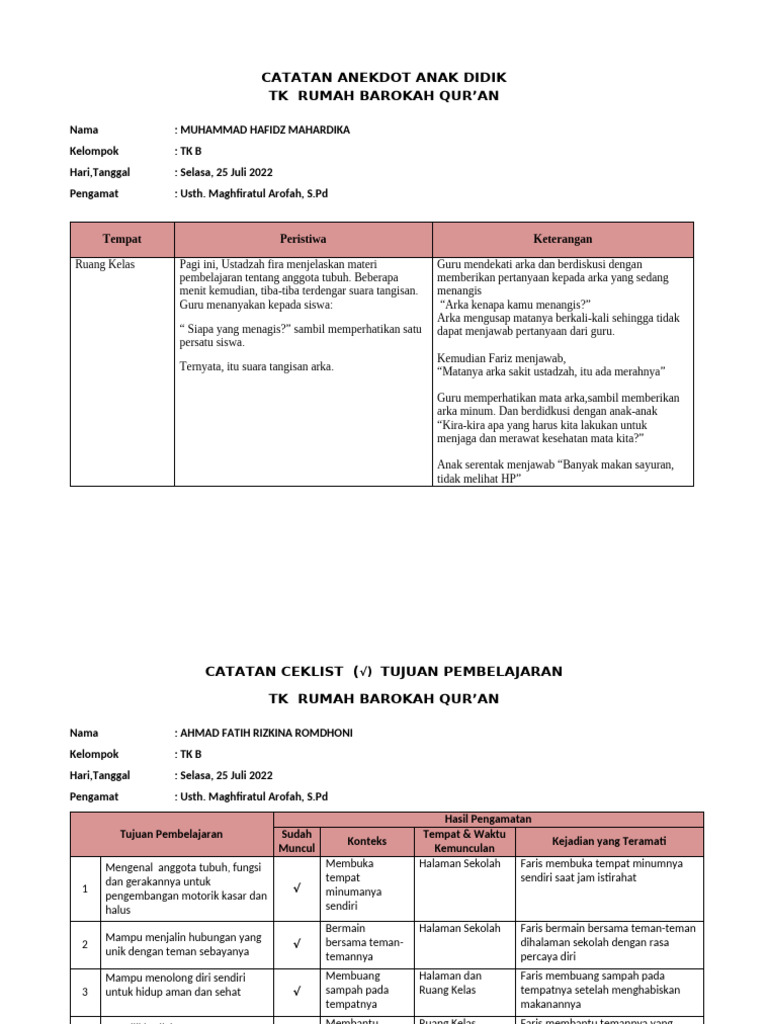 Catatan Anekdot Pembelajaran TK B | PDF