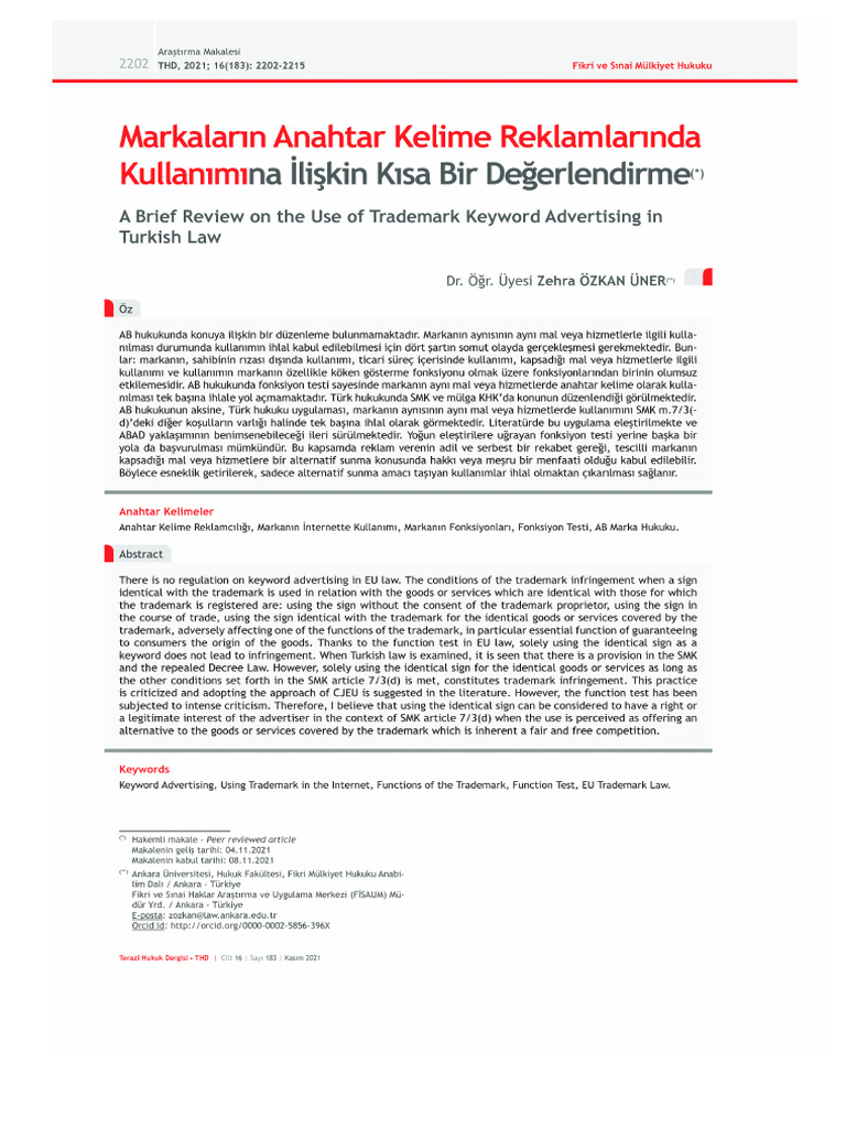 Jurix - Markaların Anahtar Kelime Reklamlarında Kullanımına İlişkin Kısa Bir Değerlendirme | PDF