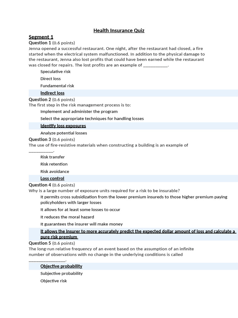 Health Insurance Quiz: Key Concepts Explained | PDF | Insurance ...