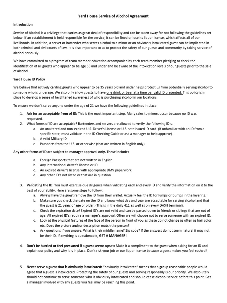 5-Yard House Service of Alcohol Agreement | PDF | Alcoholic Beverages ...