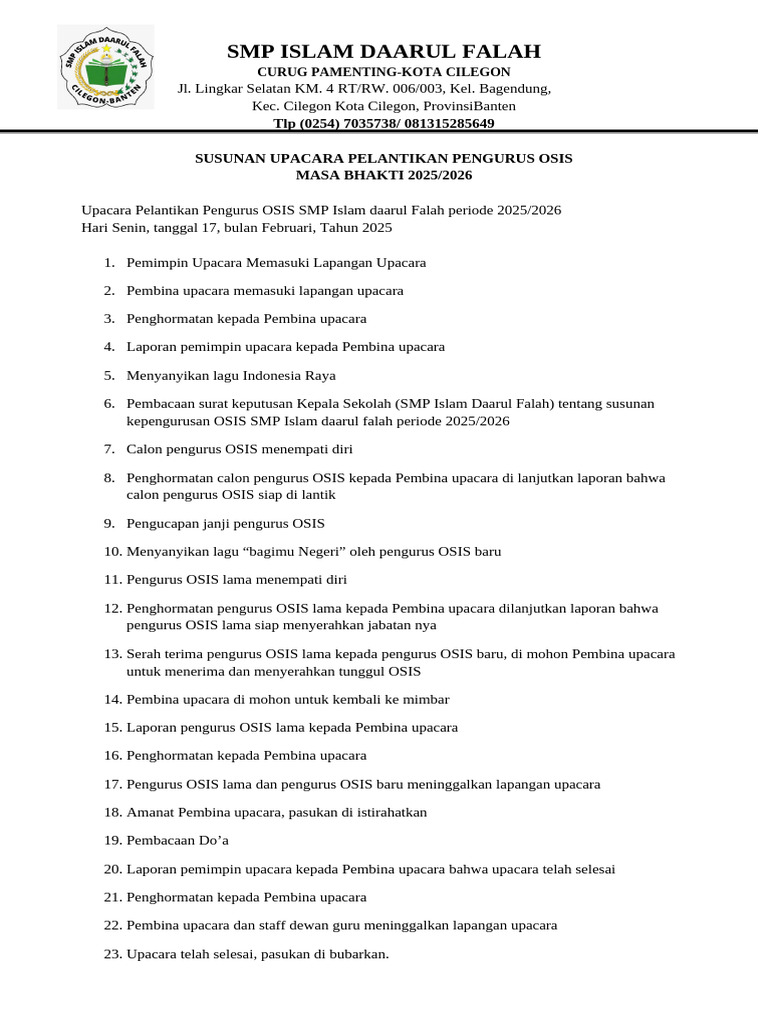 susunan upacara pelantikan osis | PDF