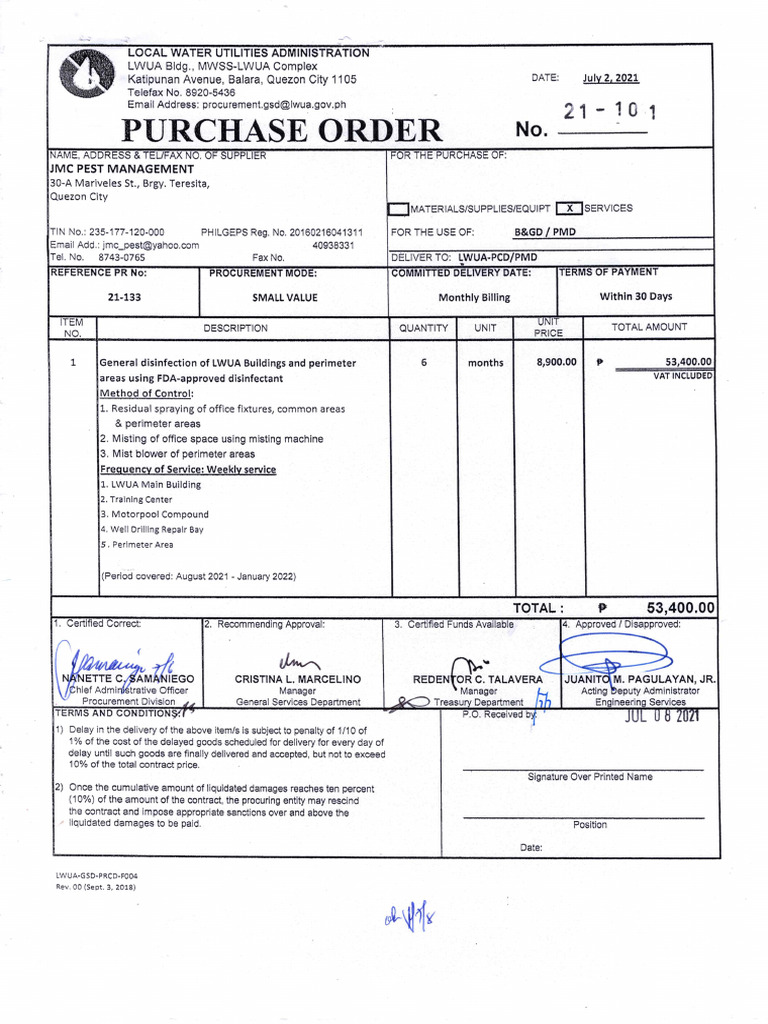 PO No 21-101 General Disinfection of LWUA Premises | PDF