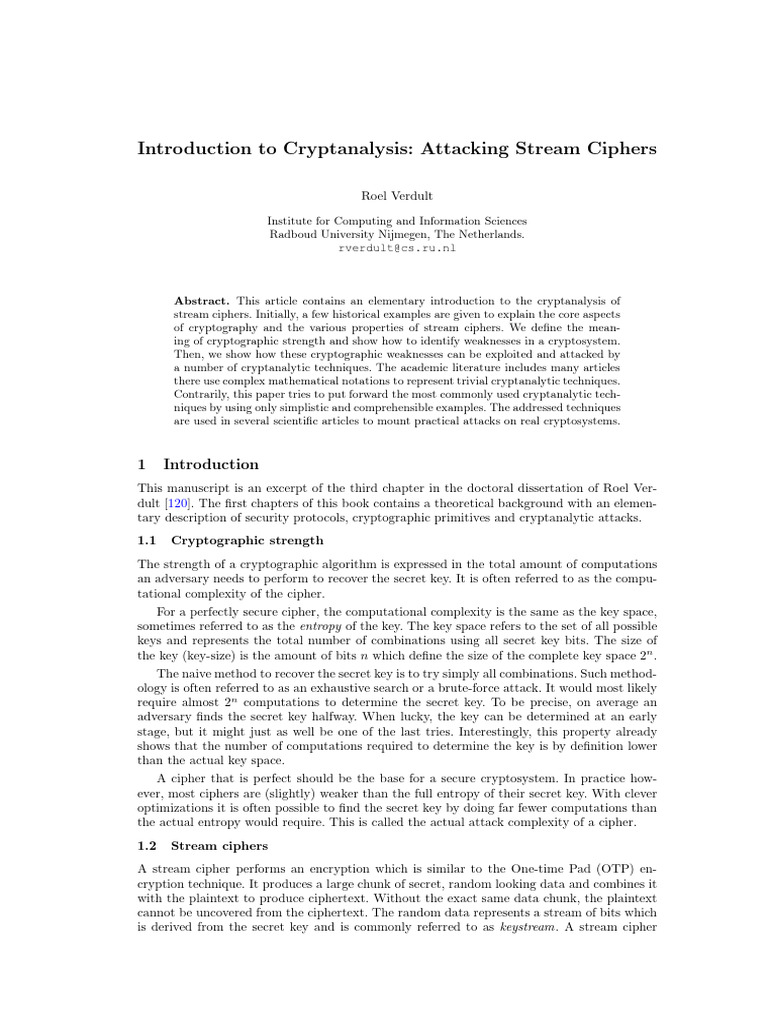 Stream Cipher Cryptanalysis Basics | PDF | Cryptography | Cryptanalysis
