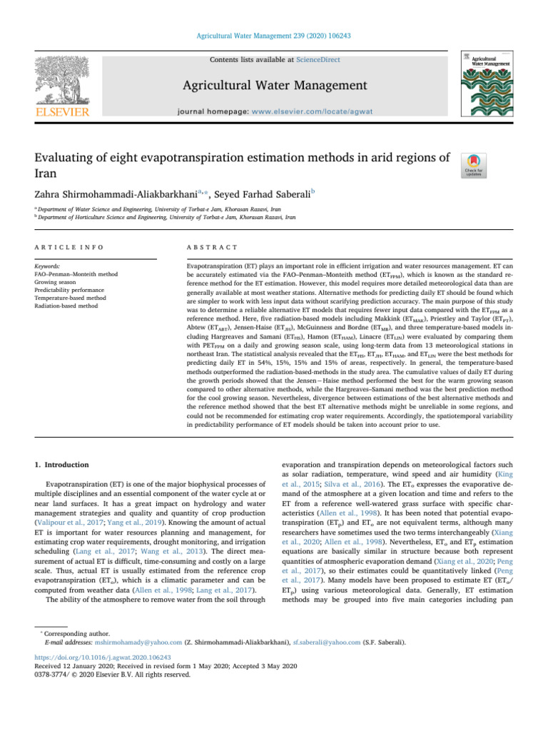 1. Evaluating of Eight Evapotranspiration Estimation Methods in Arid Regions | PDF ...