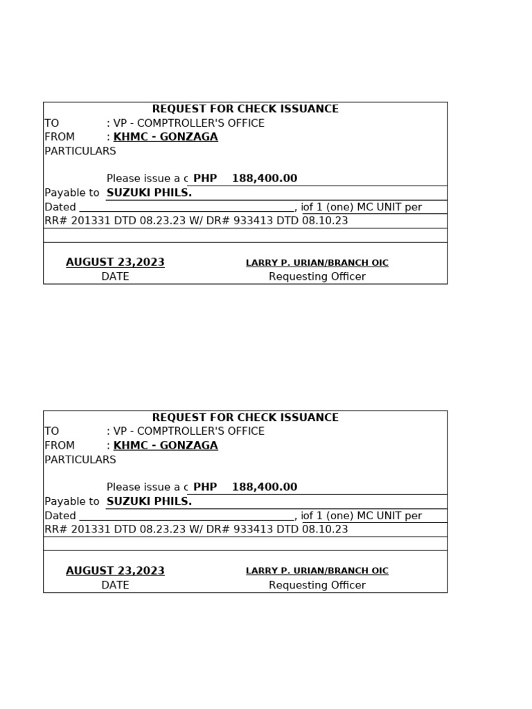Check Issuance Request for Suzuki Phils. | PDF