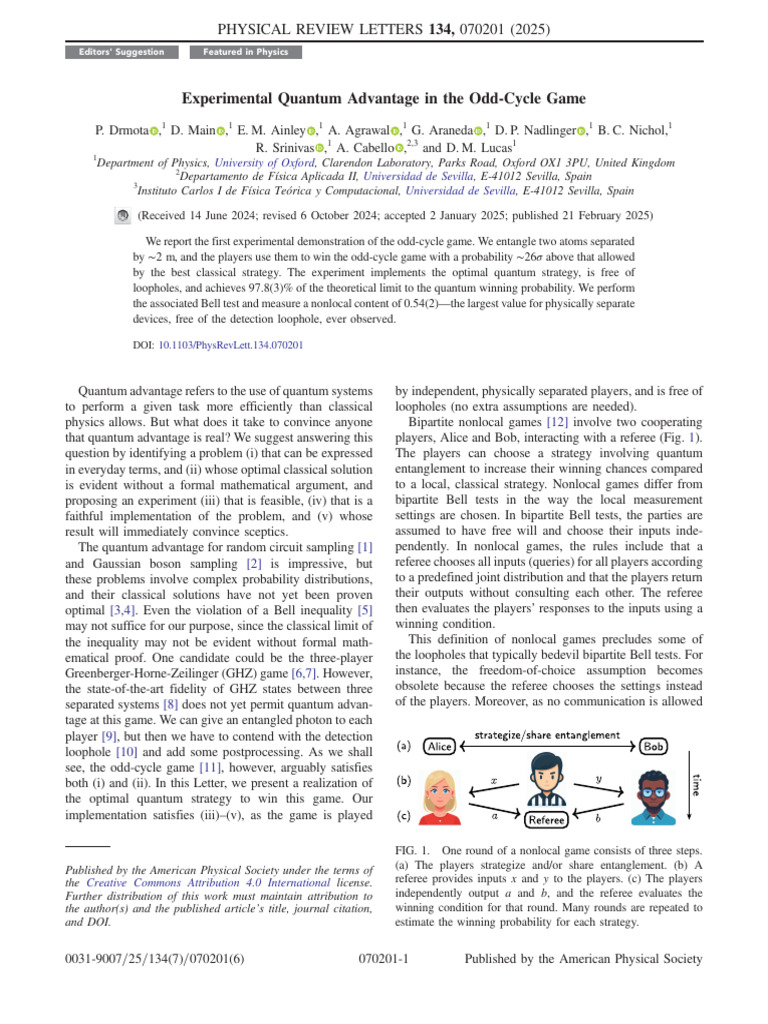 Experimental Quantum Advantage in the Odd-Cycle Game-PhysRevLett.134.070201 | PDF | Theoretical ...
