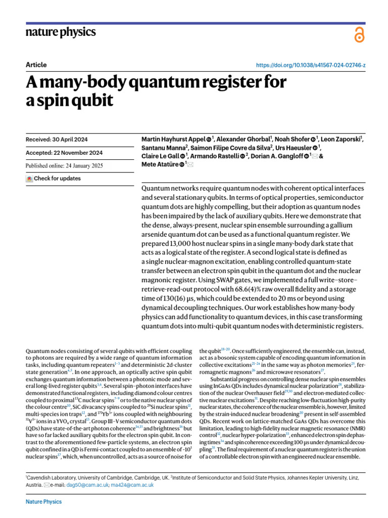 A Many-Body Quantum Register Fora Spin Qubit-S41567-024-02746-Z | PDF ...