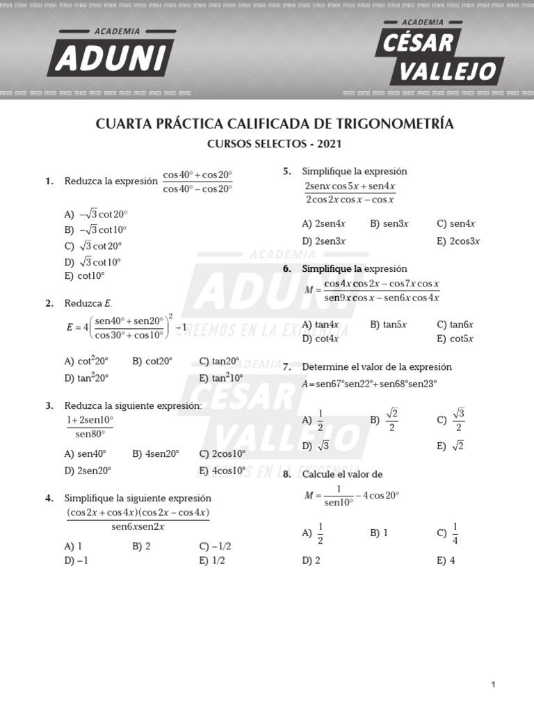Cuarta Práctica Calificada de Trigonometría: Cursos Selectos - 2021 | PDF