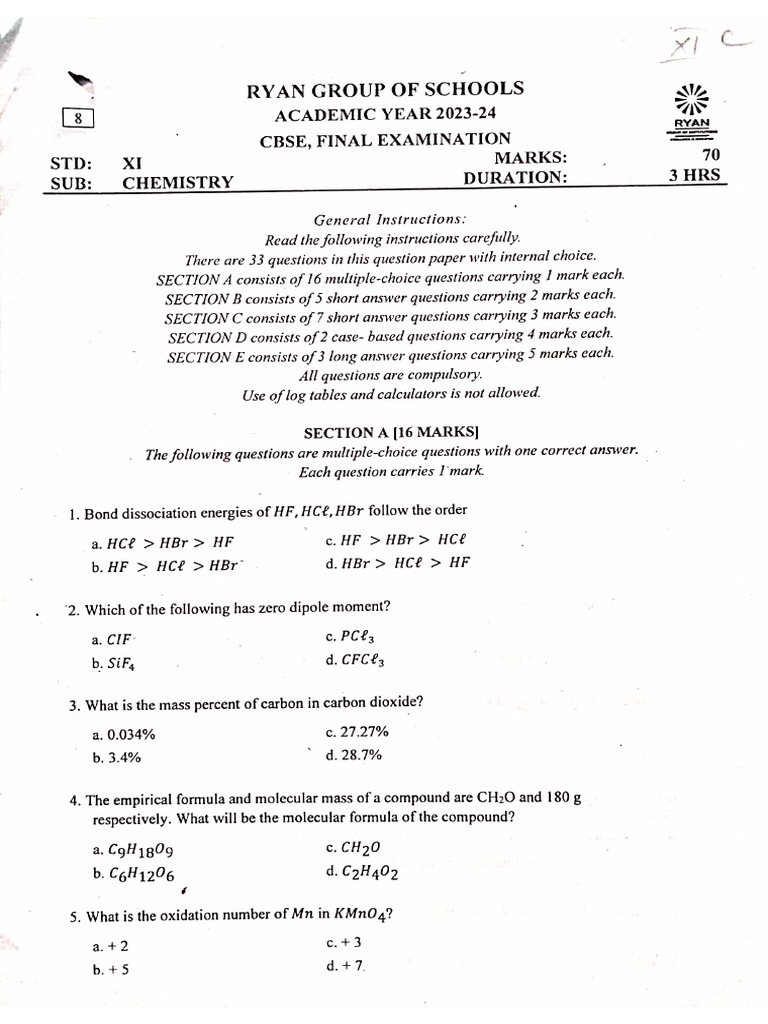 XI-STD Final Examination QP-2023-24 | PDF