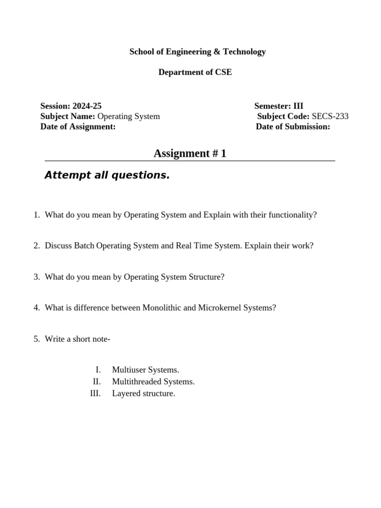 Operating System Assignment SECS-233 | PDF