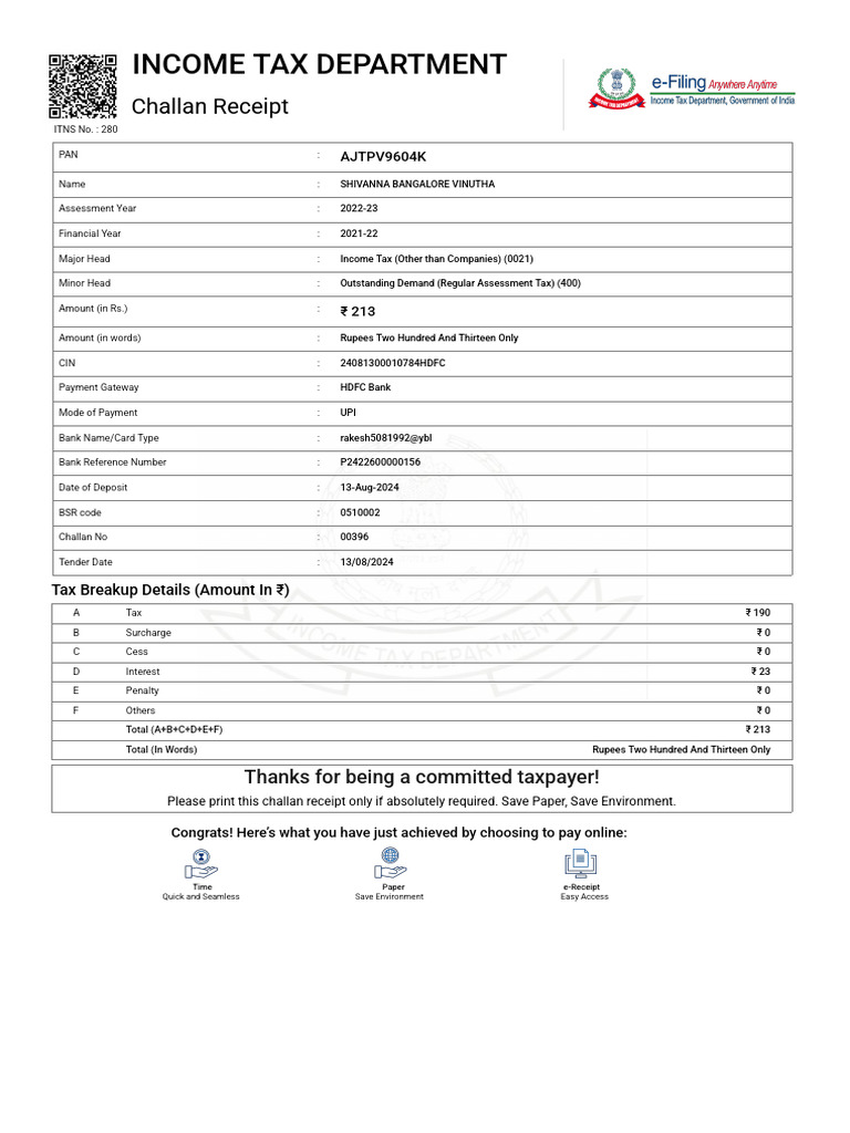 Income Tax Challan Receipt 2022-23 | PDF | Taxes | Economies