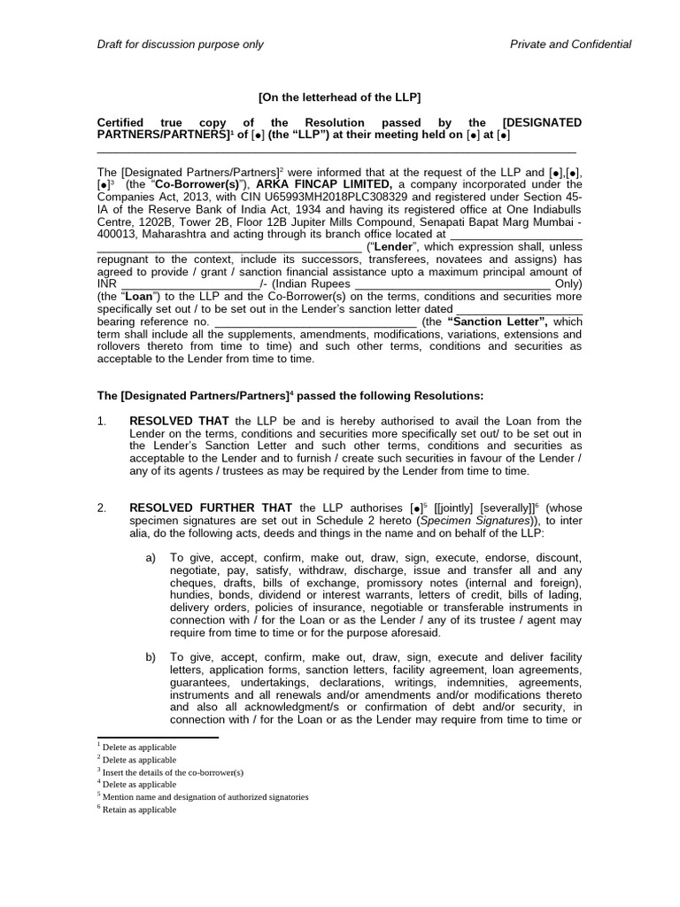 Partners Resolution-Borrower (Is A LLP) | PDF | Loans | Negotiable ...