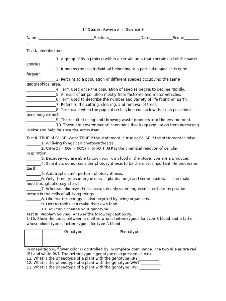 Science 9 1st Quarter Reviewer | PDF | Genotype | Zygosity