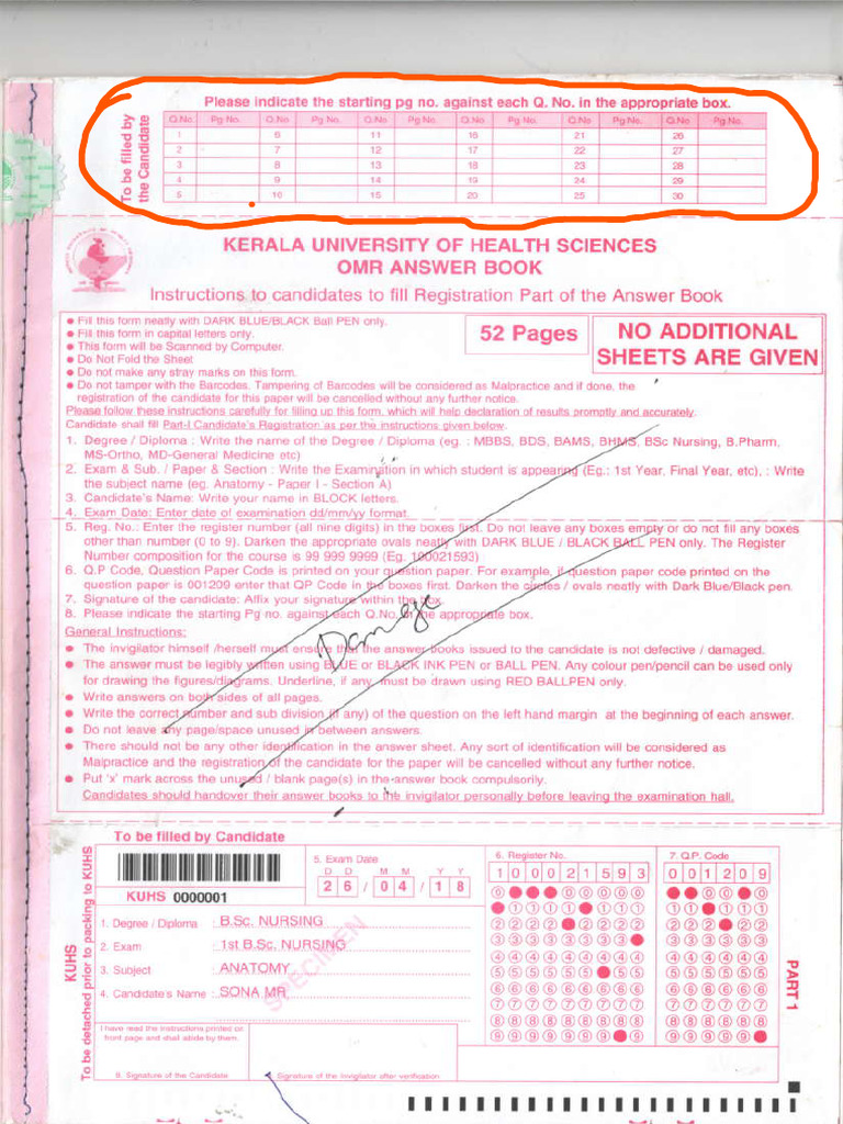 Kerala University OMR Answer Book Guide | PDF
