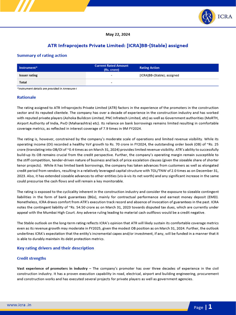 ATR Infraprojects Private Limited | PDF | Credit Rating Agency | Interest