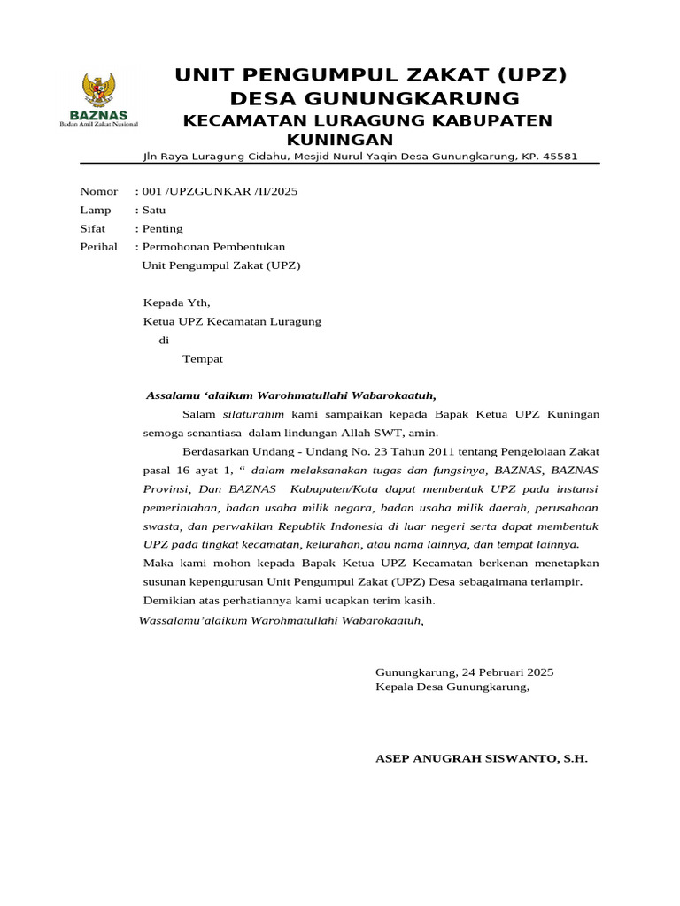Permohonan Pengurus Upz Desa Tahun 2025 | PDF