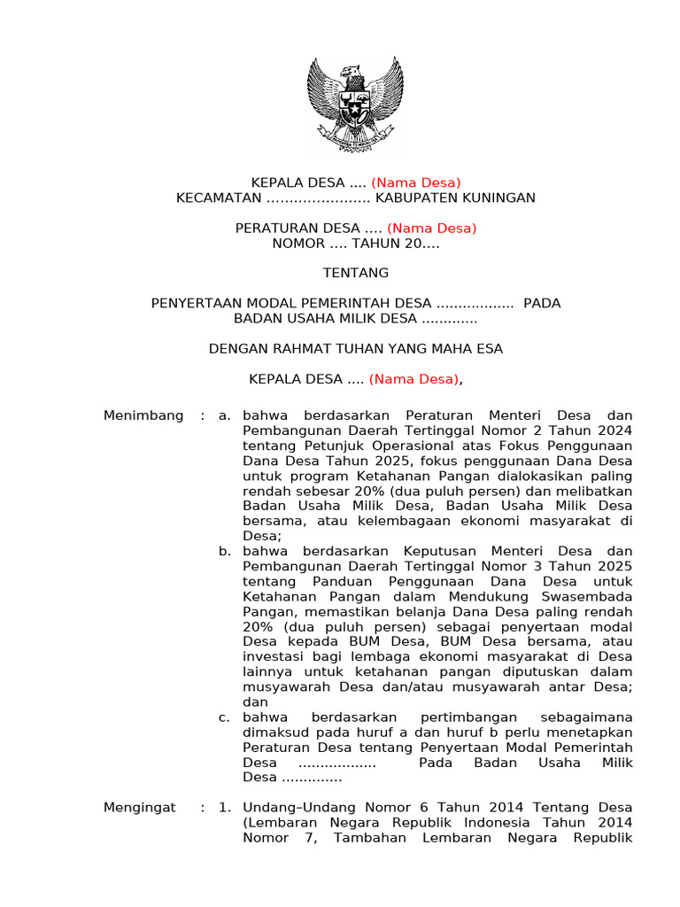 Perdes Penyertaan Modal Desa Untuk Ketapang | PDF