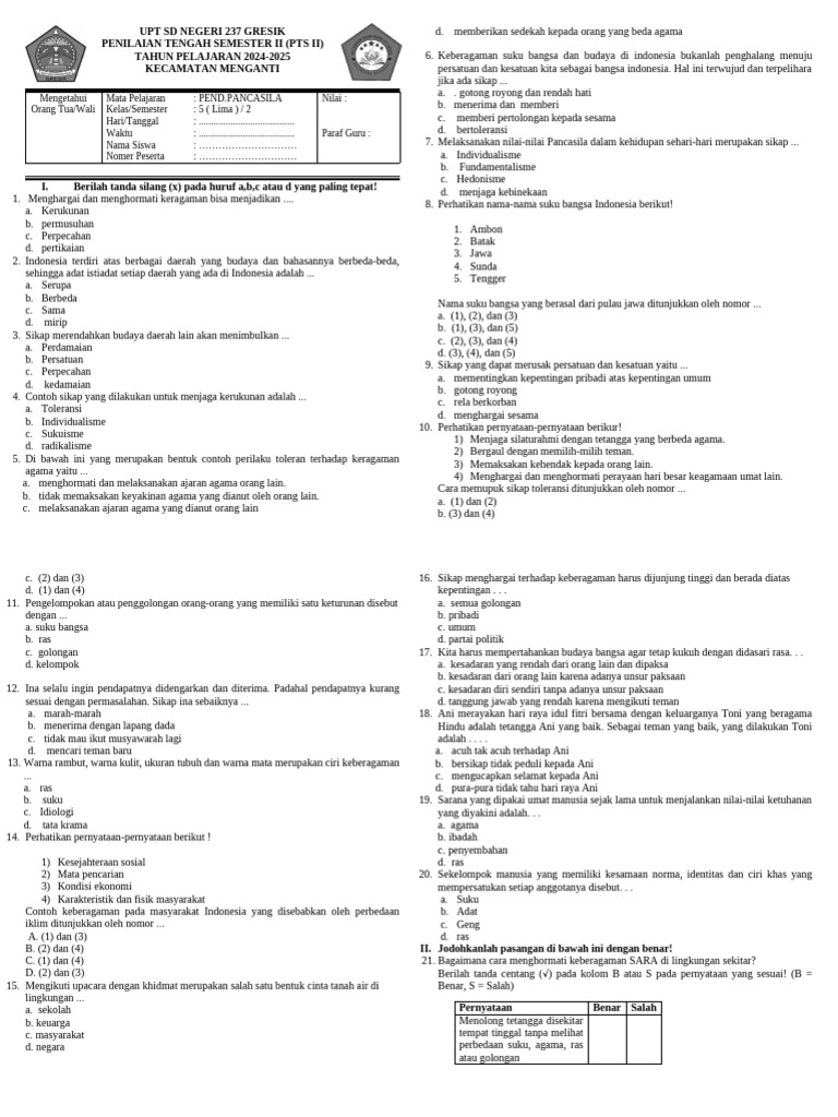 SOAL PTS 2 PEND.PANCASILA 2024 2025 FIX | PDF