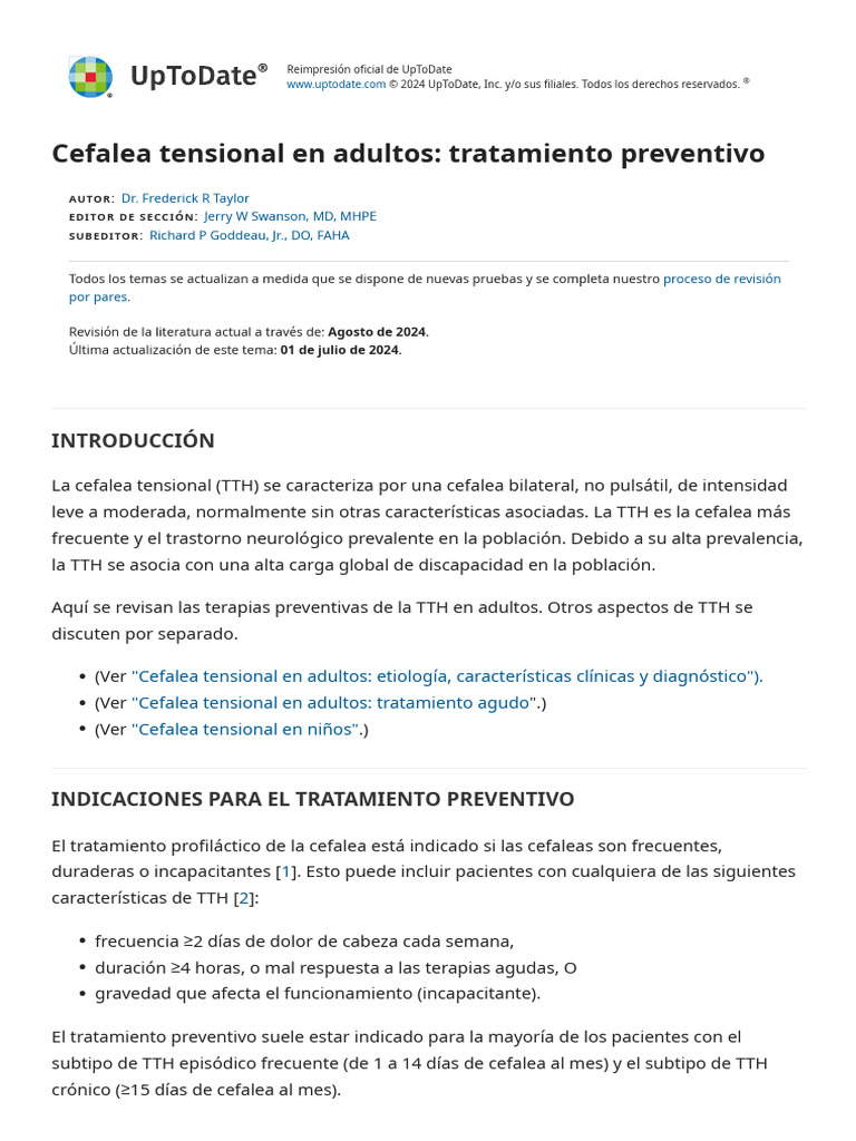 Cefalea Tensional en Adultos - Tratamiento Preventivo - UpToDate | PDF | Dolor de cabeza ...