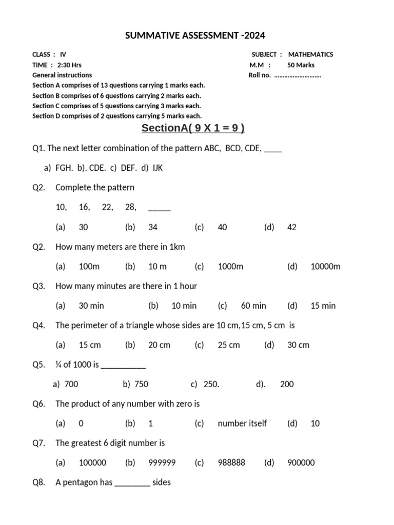 Math 4th Summative Assessment 2024 | PDF | Elementary Geometry