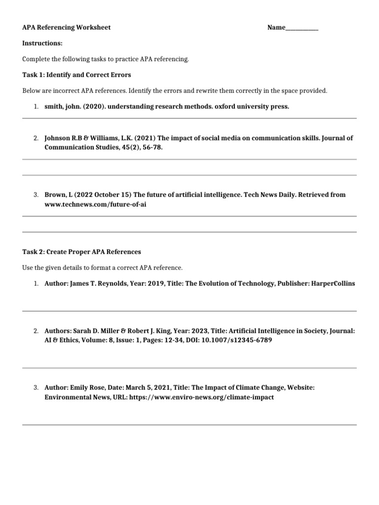 APA Referencing Practice Worksheet | PDF