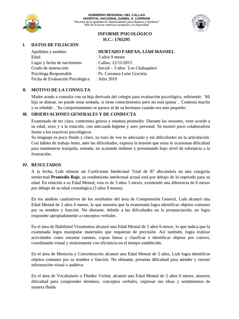 informe-de-Liah-3-años | PDF | Mente | Sicología